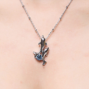 White Gold Plated Happy Play Dolphins with Round Cubic Zirconia Crystal Necklace Fashion Jewelry for Women (A Blue)