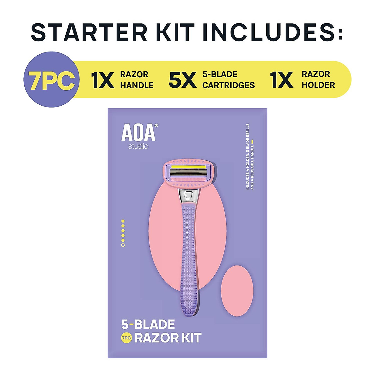 AOA Studio Women's 5-Blade 7pc Kit Including 1pc Handle 5pcs Five-Blade Heads from Swedish1pcs Stainless Steel Shower Hook Hydrating Aloe and Vitamin E Strip Cleanest, Closest, Comfortable Shave