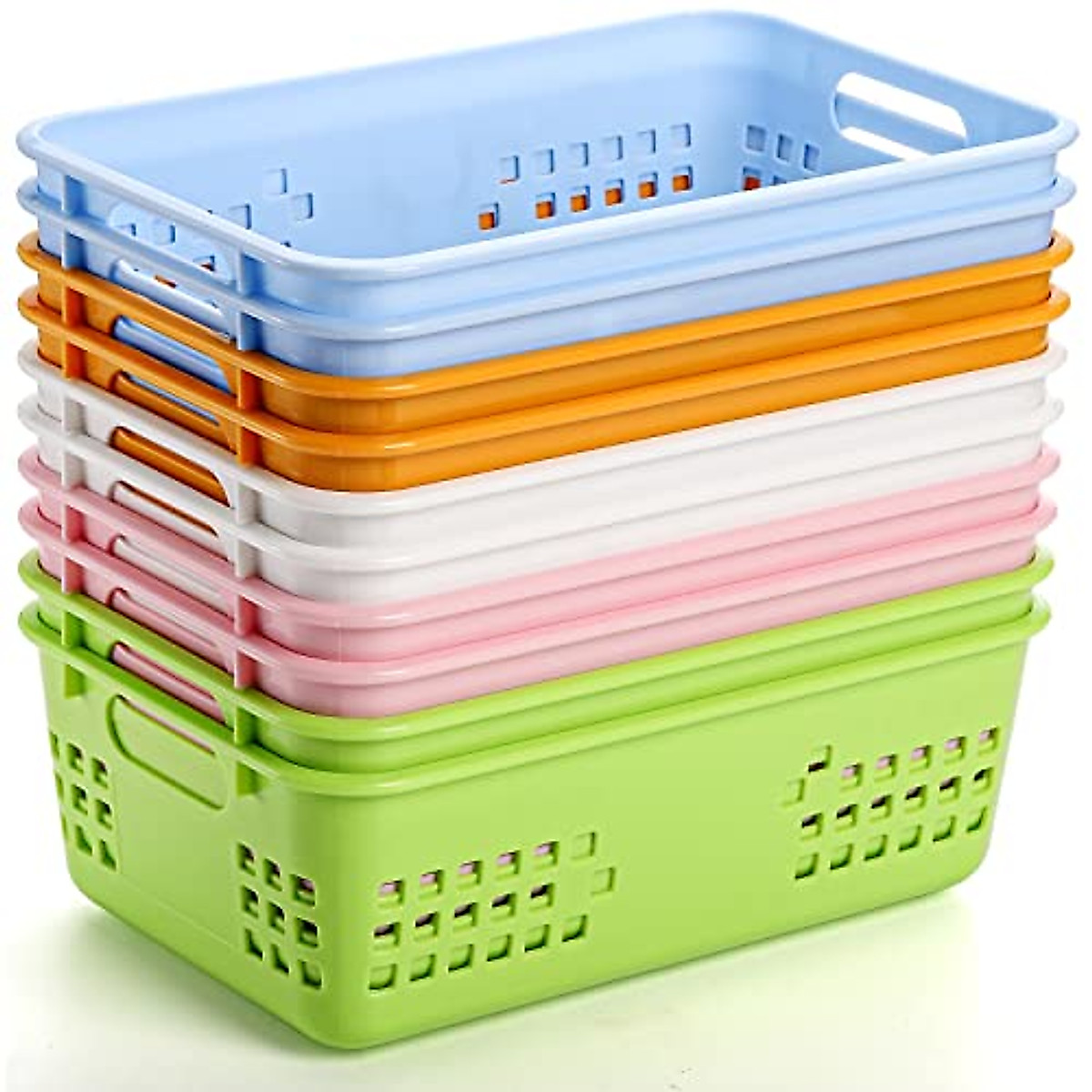 Jucoan 10 Pack Plastic Storage Basket, 10.5 x 7 x 3.5 Inch Colorful Plastic Classroom Storage Organizer Tray Bin with Handles for Drawer, Closet, Bathroom Kitchen, 5 Colors