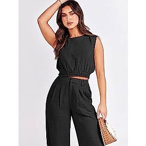 ANRABESS Two Piece Outfits for Women Cruise Resort Wear 2023 Sexy Summer Vacation Sleeveless Linen Crop Top Casual Matching Lounge Sets Comfy Tracksuits Long Pants Jumpsuits Cute Clothes A1102heise-M