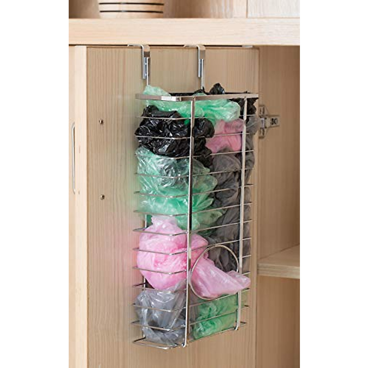 Basicwise Cabinet Metal Plastic Grocery Bag Storage Holder, Chrome, Measurements: 8" W x 3. 75" D x 15. 75" H