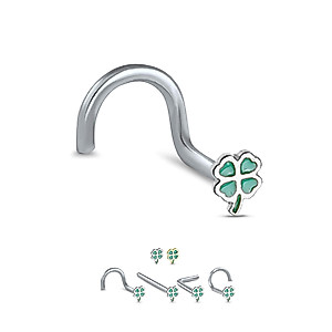 Gold-Tone 316LSurgical Steel, Rhodium Plated Brass Left Nostril Screw Nose Ring 4 Leaf Clover 20G