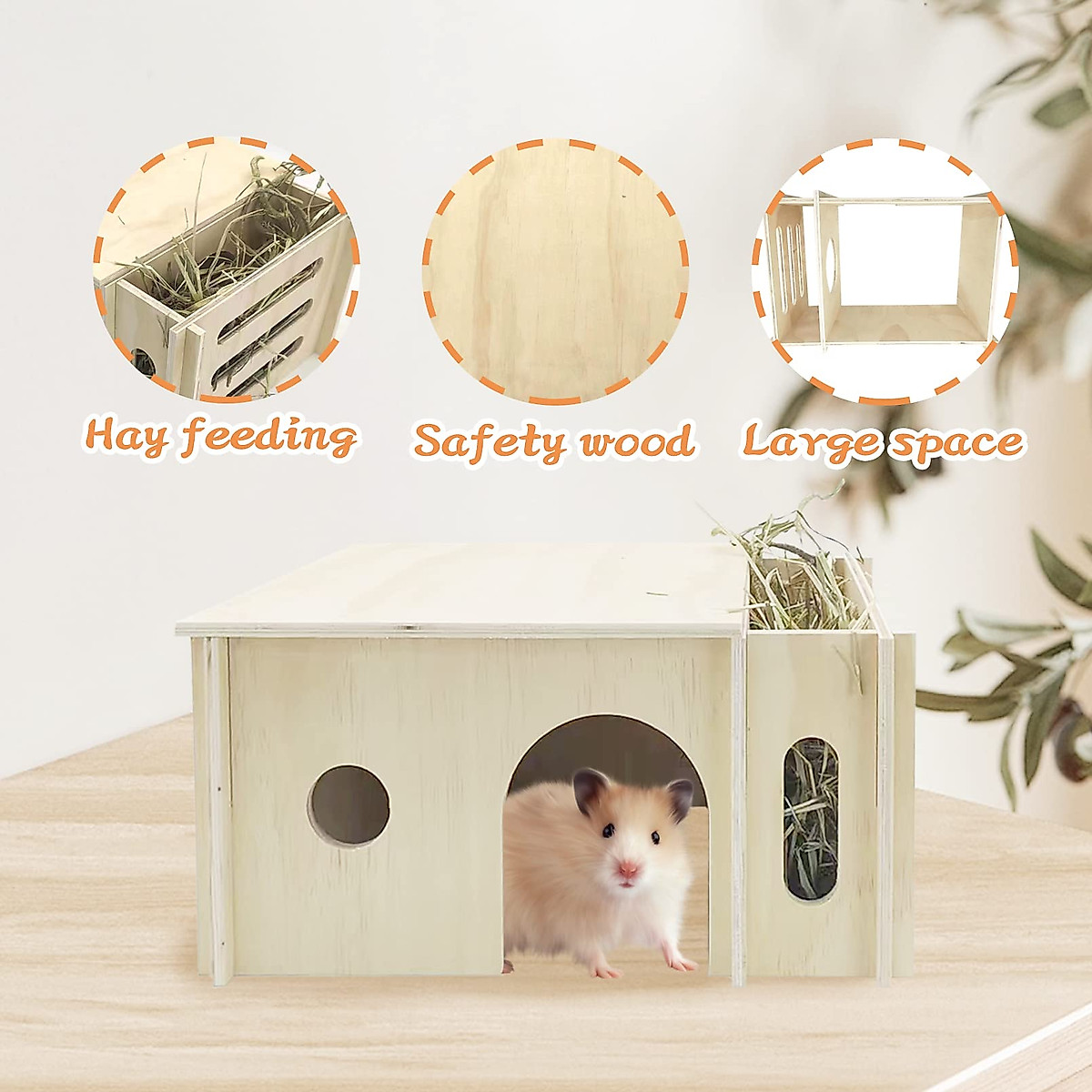Acsist Guinea Pig Wooden Hideout with Hay Feeder Hamster Wood House Detachable Small Animal Hideouts for Chinchilla Dwarf Rabbit Hamster Hut Hedgehog
