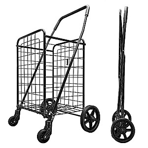 Folding Shopping Cart with 360-Degree Wheels Black (Single Basket)