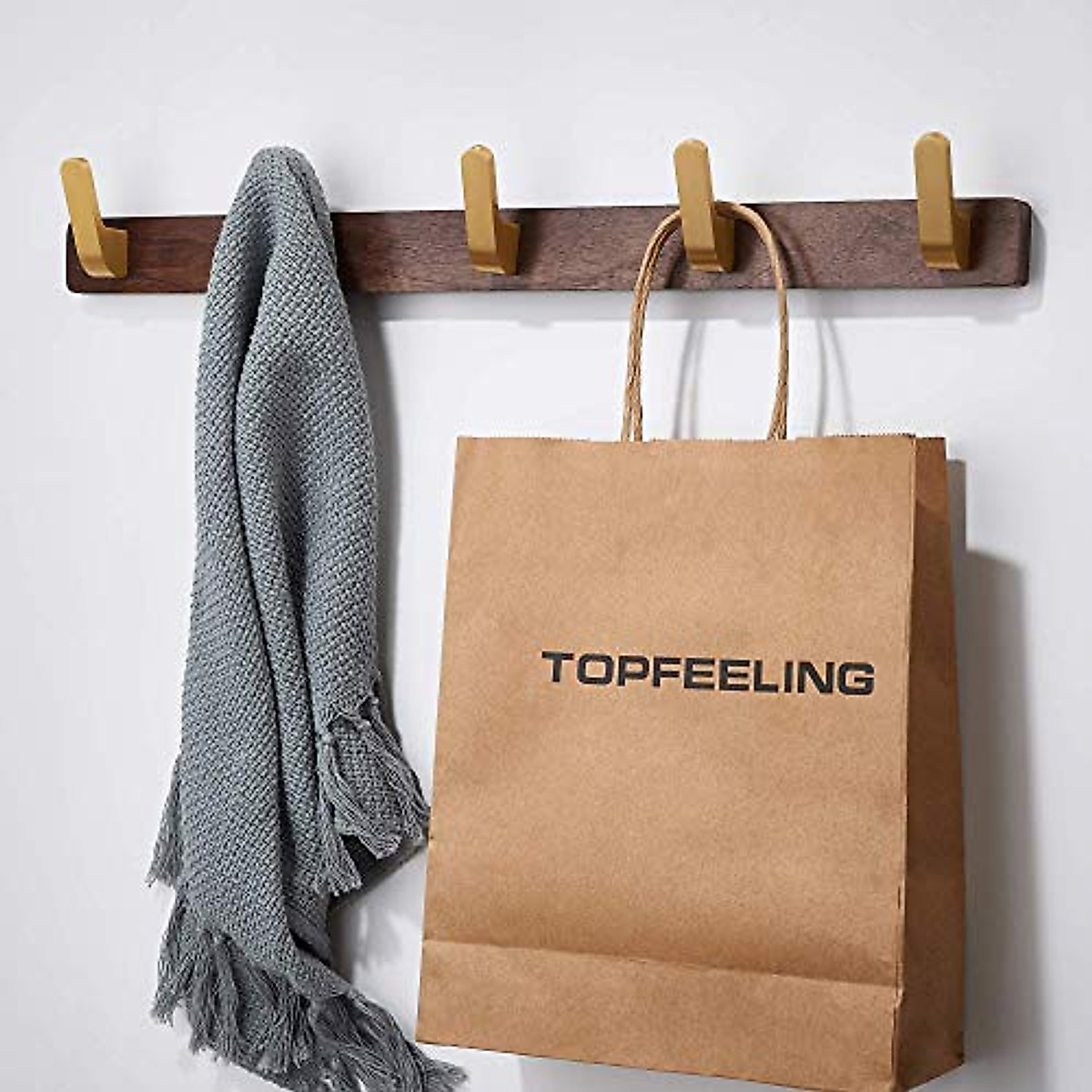 Generic Wall Mounted Coat Rack,Entryway Hanging Coat Rack,Metal Wood Coat Rail with 5 Rustic Hooks Rail for Coat,Scarf,Bag,Towel,Key,Cap,Cup,Hat,Walnut Gold Matt