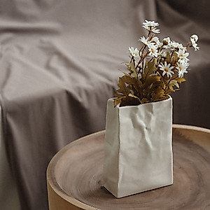 Crinkle Paper Bag Shape Ceramic Vase, Large Capacity for Flower Arrangement, Bookshelf Decorative (Matte Crème)