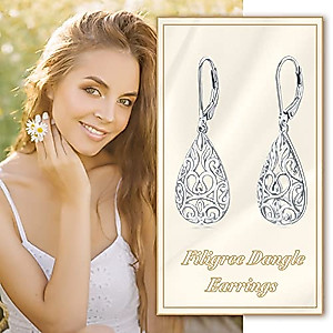 VONALA Filigree Teardrop Earrings for Women Sterling Silver Filigree Teardrop Dangle Earrings Filigree Leverback Earrings for Women Birthday Gift