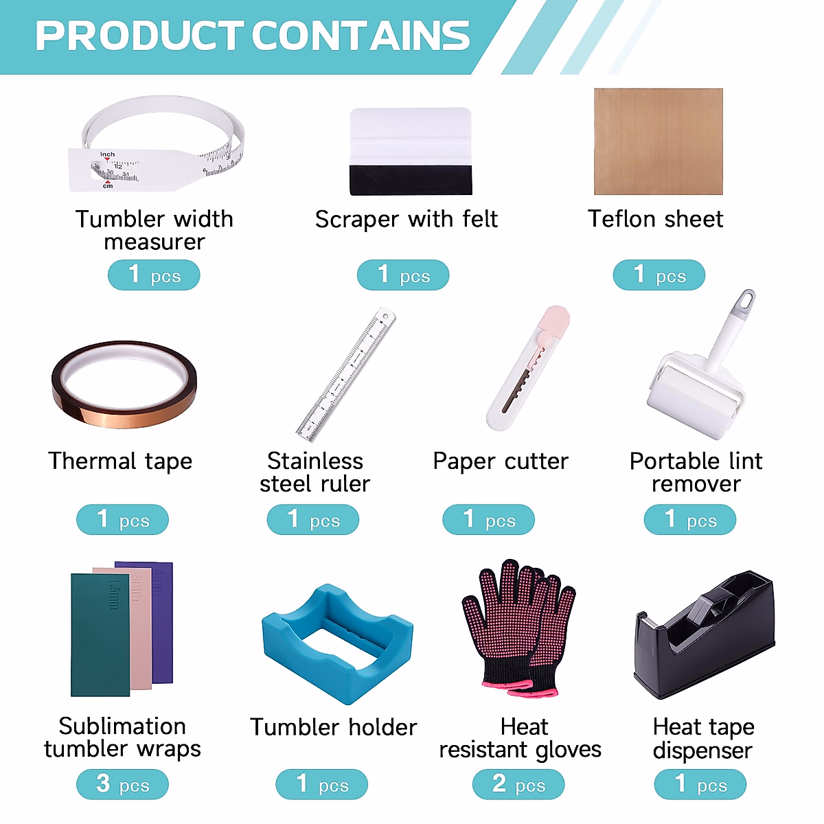 GO2CRAFT Basic Tool Set for Mug Press, 14Pcs Tool Set for Mug Tumbler Press with 3Pcs Sublimation Tumbler Wraps,Silicone Cup Cradle with Built-in Slot&Tape Dispenser, Big Bundle for DIY Gifts, Craft