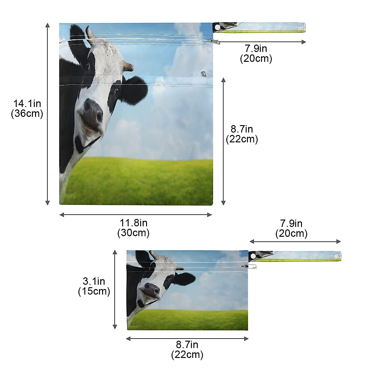 2pcs Farm Animal Cow Cloth Diaper Wet Dry Bag Waterproof Reusable Wet Dry Organizer,Green Grass Washable Wet Bag with Two Zippered Pockets for Travel Beach Gym Swimsuits Toiletries