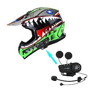 1Storm Adult Motocross Helmet BMX MX ATV Dirt Bike Downhill Mountain Bike Helmet Racing Monster Shark HKY_SC09S + Motorcycle Bluetooth Headset: Monster Shark Green