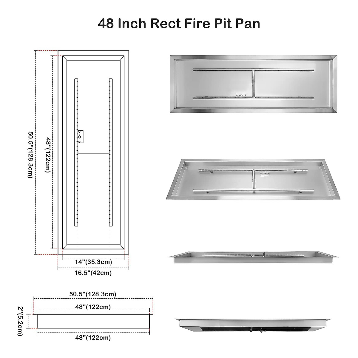 Stanbroil Rectangle 48 Inch Fire Pit H-Burner Pan, 304 Series SS DIY Propane & Gas Firepit for Patio, BTU 185,000 Max