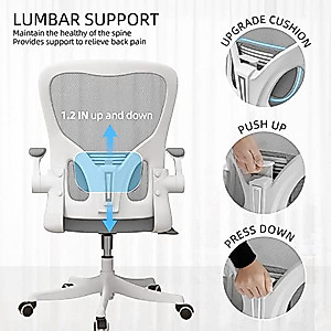 Monhey Office Chair - Ergonomic Office Chair with Lumbar Support & Flip Up Arms Home Office Desk Chairs Rockable Swivel High Back Computer Chair White Frame Grey Mesh Study Chair