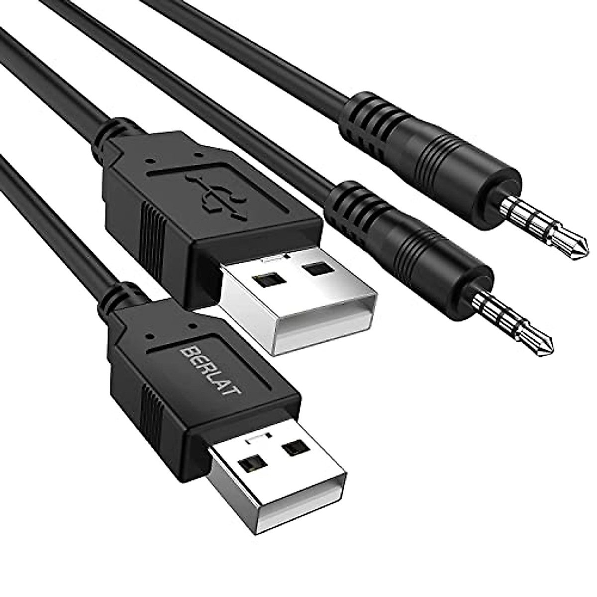 BERLAT 3.5mm Male AUX Audio Jack to USB 2.0 Male Charge Cable Adapter Cord, 2pack Audio Car Stereo Jack Cables to USB 2.0, USB Connection Kit, for Music Player- 3.3ft（Support Data Transmission）