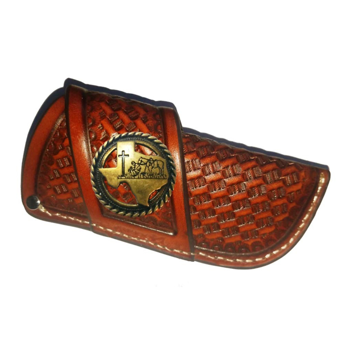 Custom Nocona Weave Antique Brass Texas Praying Cowboy Church Side Draw Knife Sheath left side