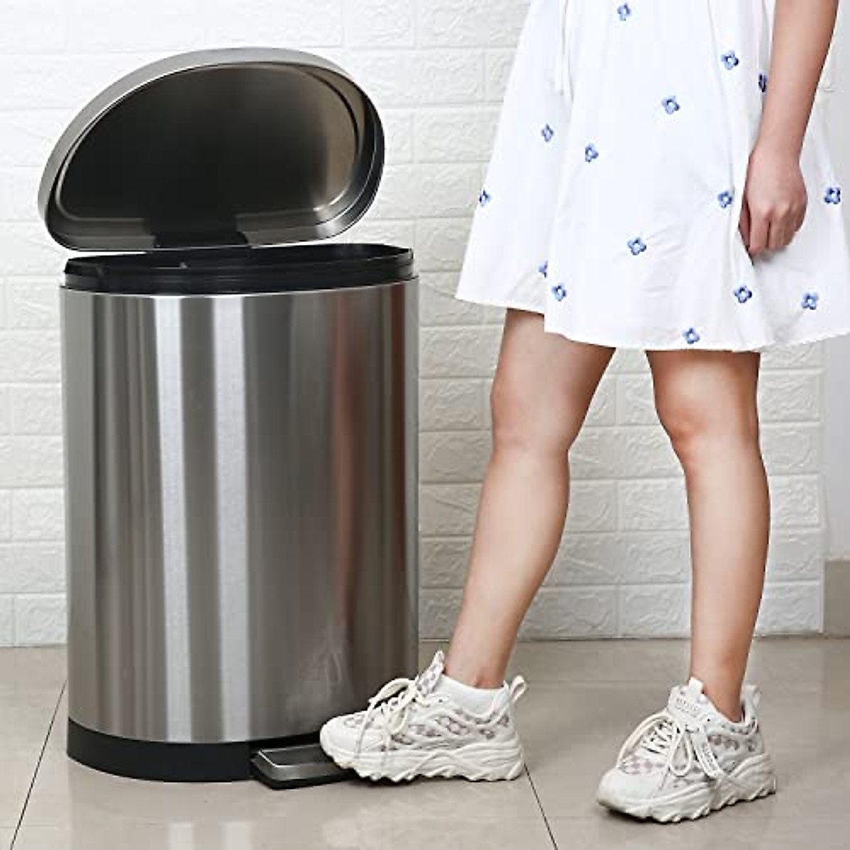 SIMPLYKLEEN Kleen-Fit 11.8-Gallon Semi-Round Hands-Free Kitchen Stainless Steel Trash Can with Lid. Great for Dorms, Kitchen, Bathroom, or Office.