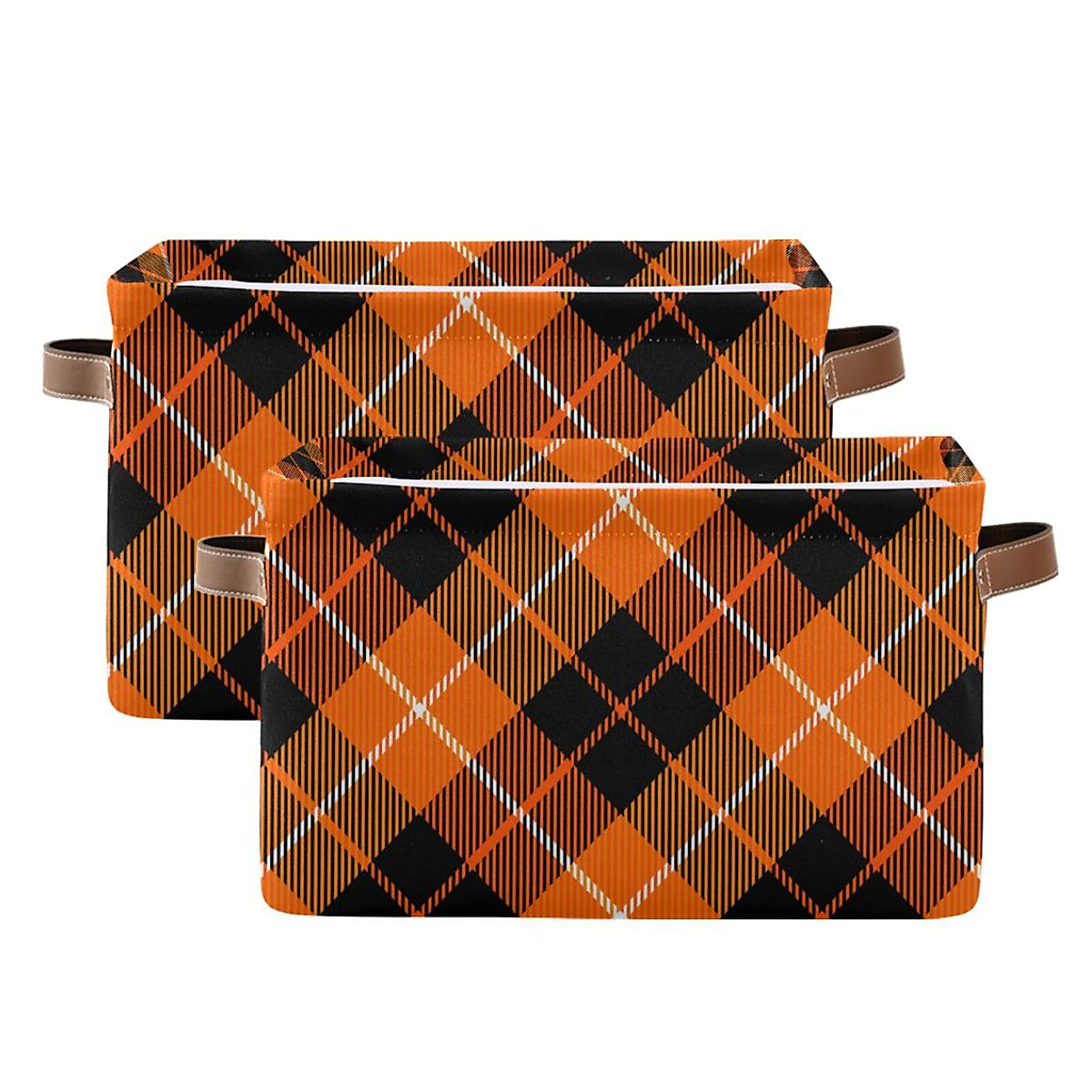 NFMILI Orange Black Plaid Storage Basket, Fabric Storage Cubes Bins, Open Home Storage Bins with Handle 14.2 x 10.2 x 8.3 in