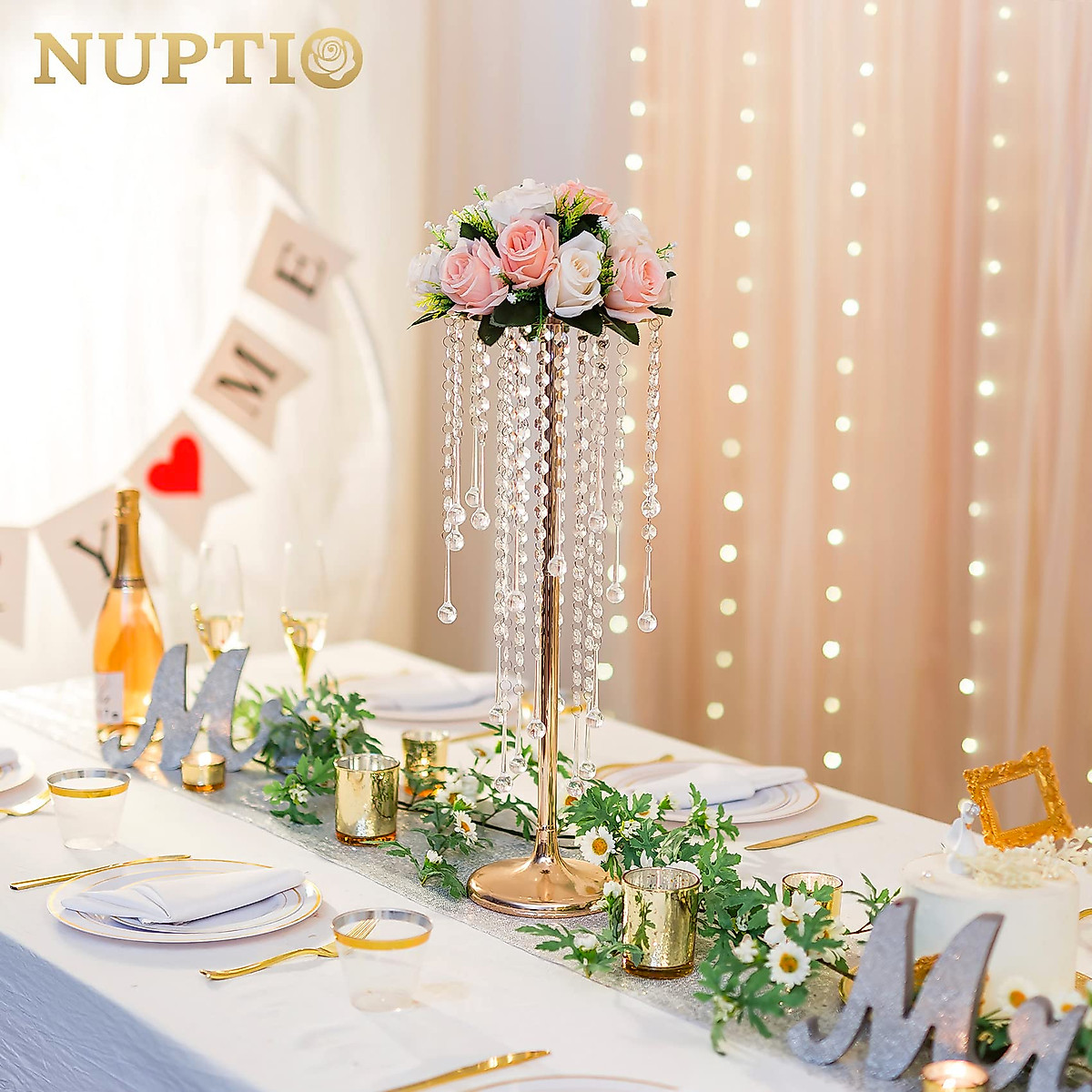 NUPTIO Wedding Centerpieces Gold Vases: 2 Pcs 21.7in Tall Crystal Flower Vase Metal Flowers Stand for Party Tables Decorations - Elegant Bulk Weddings Decoration Table Chandelier Centerpiece Stands