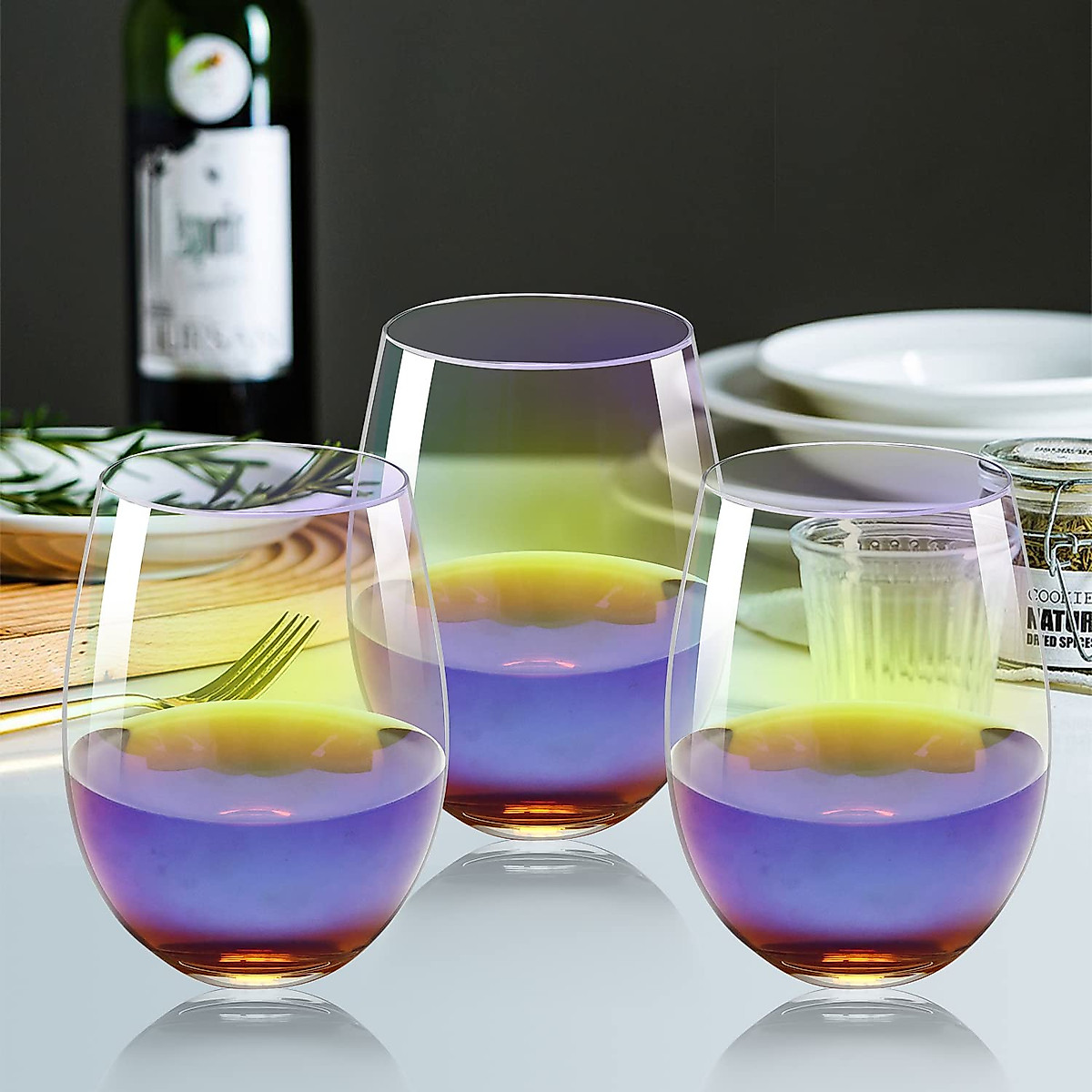 HELLWANG Wine Glasses Set of 2, 20 Ounce Seven Color Dazzling Stemless Wine Glass for Red or White Wine, Whiskey- Pool Party Beach Travel Cups