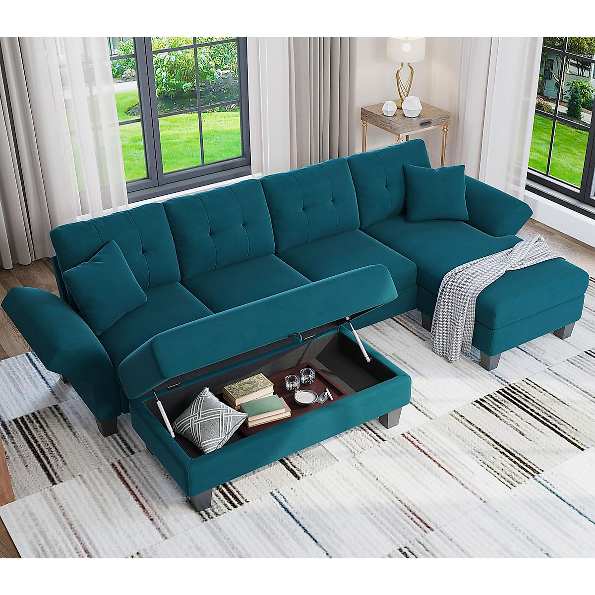 Belffin Velvet Couch Convertible L Shaped Sofa with Reversible Large Ottoman Storage Chaise Sectional Sofa Living Room Furniture Peacock Blue
