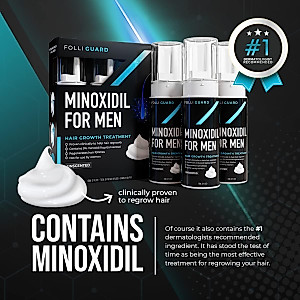 Minoxidil 5% Foam (3 Month Supply) by FolliGuard - Aerosol Foam Hair Regrowth Treatment for Men with Added Biotin and Herbs - Extra Strength for Men