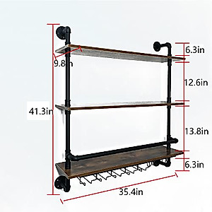 Wall Mounted Wine Rack with Bottle and Glass Storage, 3 Tier Wood Shelves and Cup Holders, Black