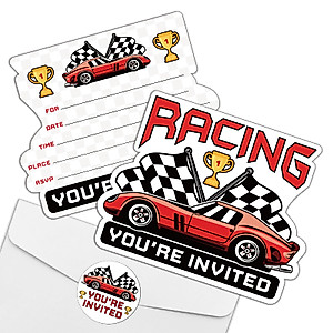 REWIDPARTY Race Car Party Invitations with Envelopes & Stickers（Set of 15） Red Racing Shaped Fill-in Invitations Car Racing Birthday Party Invite Cards Race Car Party Supplies for Kids Teens Adults