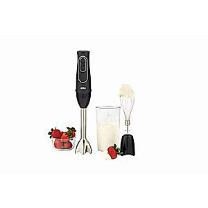 Braun 4-in-1 Immersion Hand Blender, Powerful 350W Stainless Steel Stick Blender, Multi-Speed + 2-Cup Food Processor, Whisk, Beaker, Masher, Easy to Clean, Black, MultiQuick MQ537BK
