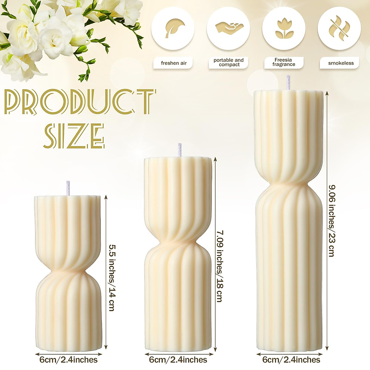 Conelist 3 Pcs Ribbed Pillar Candles Handmade Scented Soy Wax Candle Natural Aesthetic Candles Housewarming Gift Decorative Candles for Home Decor, 5.5 Inch, 7 Inch, 9 Inch in Height(White)
