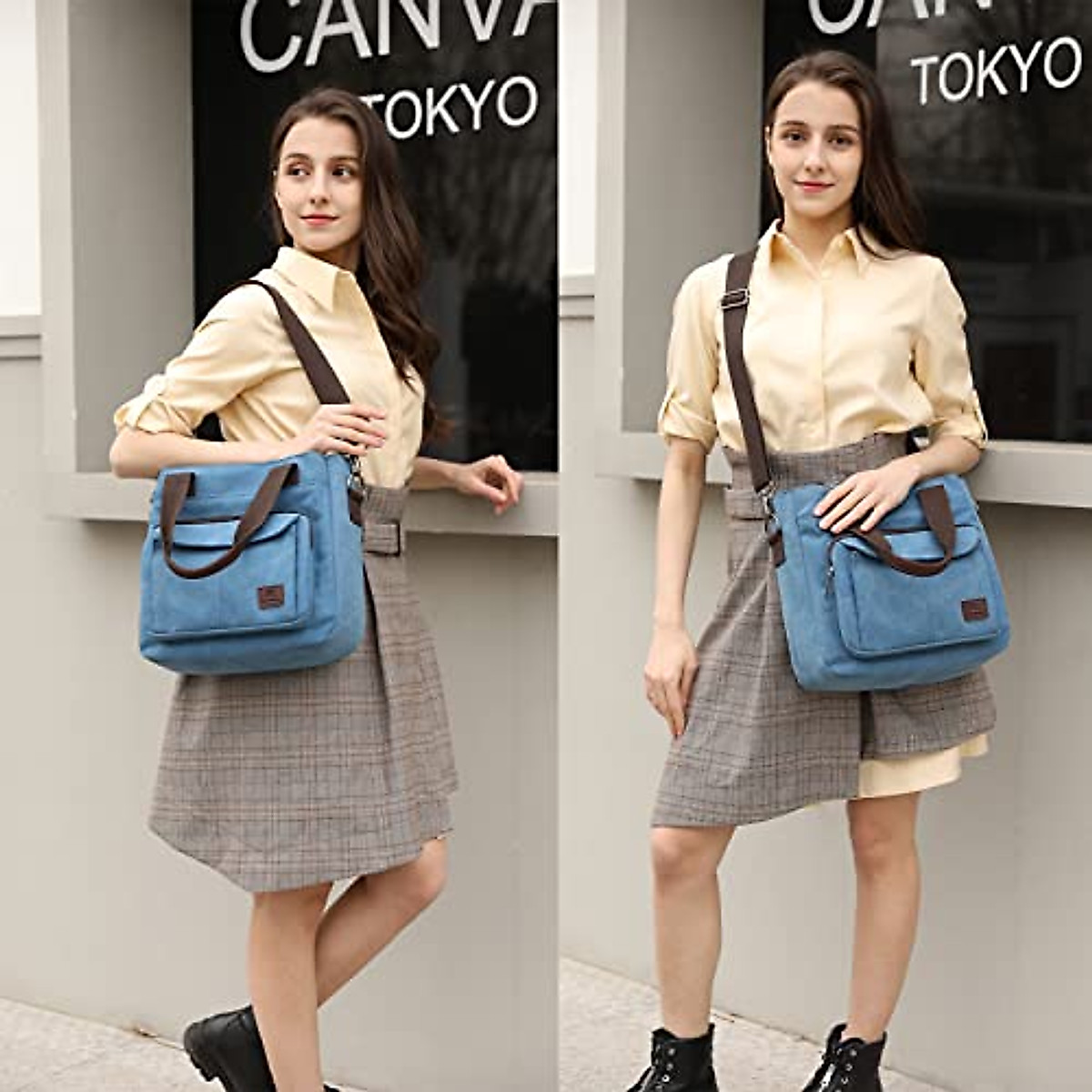 Women's Canvas Shoulder Crossbody Bag Small Tote Purse Multi-pocket Work Bags Top Handle Handbag (Blue)