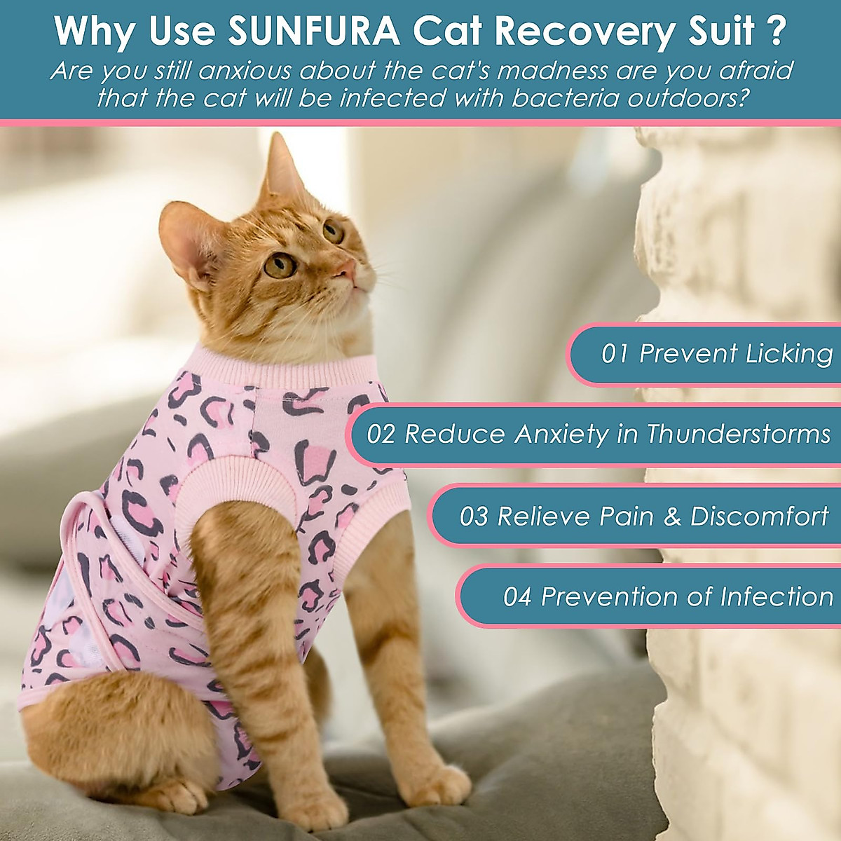 SUNFURA Cat Recovery Suit, Cat Surgery Recovery Suit Female Kitten Onesie for Cats After Surgery, Cat Neuter Recovery Suit Anti Licking, E-Collar Alternative Cat Surgical Recovery Suit, Pink M