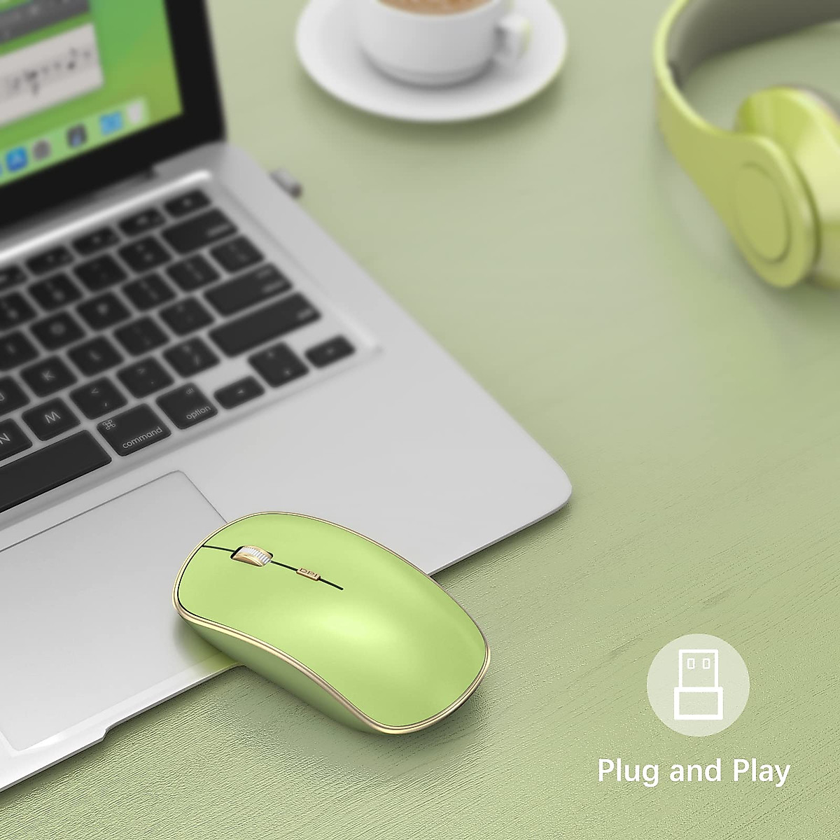 JOYACCESS J 2.4G Slim Wireless Silent Mouse, Portable Wireless Computer Mouse with 5 Adjustable DPI Levels, USB Mouse for Desktop, Notebook, MacBook, Chromebook, PC (Light Green)