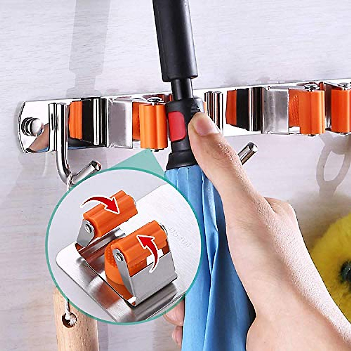 Broom Mop Holder Wall Mounted with 3 Racks 4 Hooks Heavy Duty Tools Hanger Garden Tool Organizer Garage Storage Rack Kitchen Utility Racks Home Hanger Closet Shed Basement