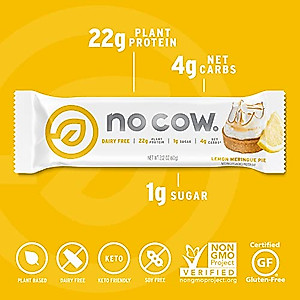 No Cow High Protein Bars, Lemon Meringue - Healthy Snacks, 20g Vegan Protein, High Fiber, Low Sugar, Keto Friendly, Dairy & Gluten Free (12 Count)