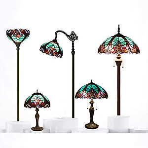 WERFACTORY Tiffany Floor Lamp Green Liaison Stained Glass Light 12X12X66 Inches Pole Torchiere Standing Corner Torch Uplight Decor Bedroom Living Room Home Office S160G Series