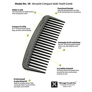 Chicago Comb Model 10 Carbon Fiber, Compact Wide-Tooth Comb, Made in USA, Anti-Static, 5 Inches (12.7 cm) Long
