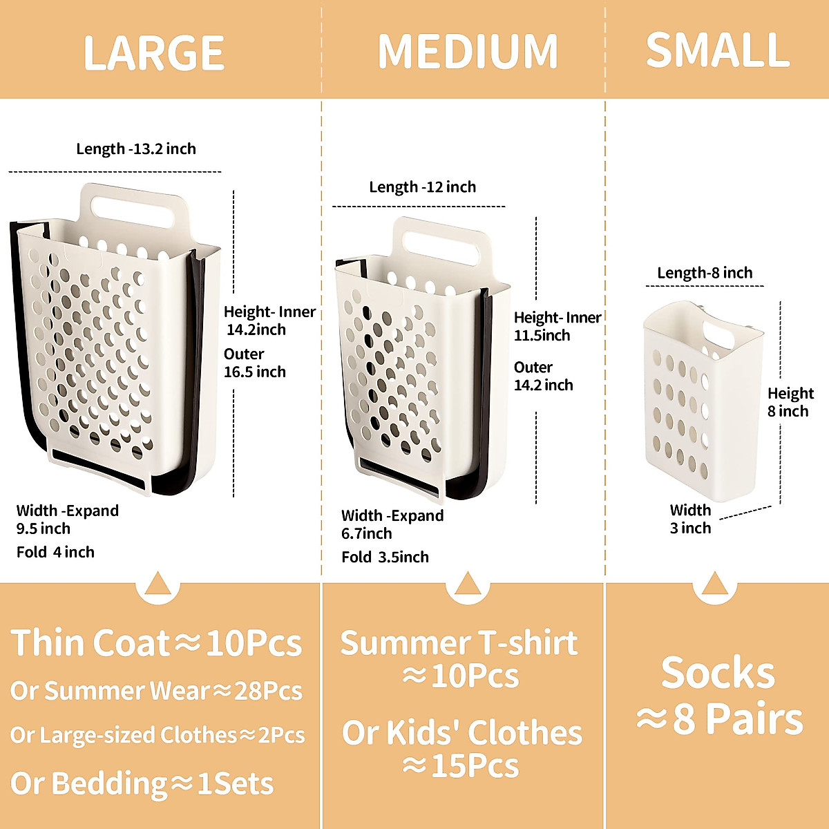 Yaromo Collapsible Laundry Baskets Plastic Laundry hamper Thickened Support Portable And Wall Laundry Hamper,Durable Unbreakable 3 UNIT(Size L+M+S) Wihte(57 L/15 Gallon)
