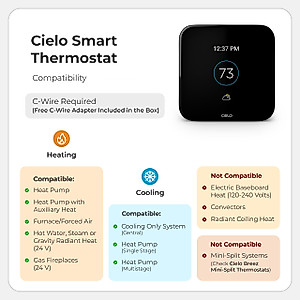 Cielo Smart Thermostat | Supports Conventional Systems up to (2H/2C) & Heat Pumps (4H/2C) | Alexa, Google, Siri Shortcuts, SmartThings, IFTTT | Touchscreen Color Display | Free C-Wire Adapter