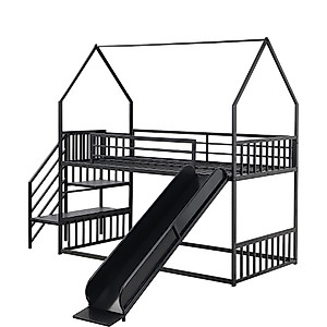 House Bunk Bed with Slide, Twin Over Twin Floor Bunk Bed with Storage Stairs, Metal Playhouse Bunk bed with Guardrail and Roof for Kids Boys Girls Teens, No Box Spring Needed, Black