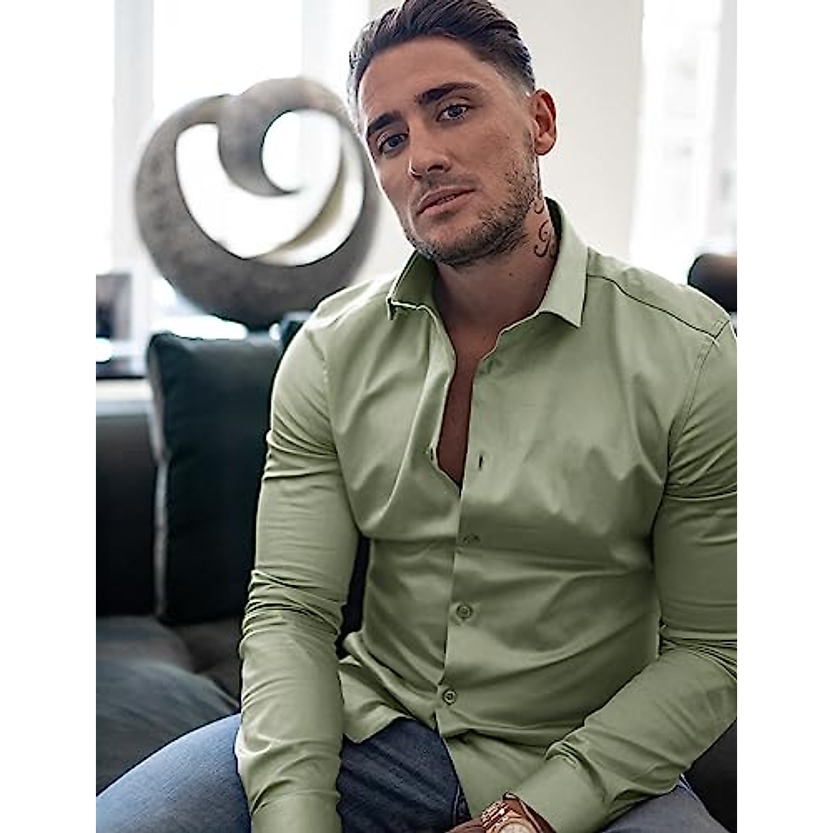 AstoSeu Men's Muscle Dress Shirts Slim Fit Wrinkle-Free Long Sleeve Casual Button Down Shirt Light Green L
