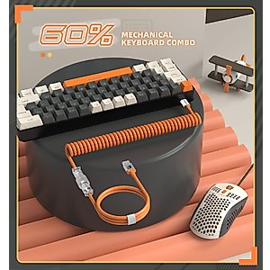 LexonElec T60PRO 60% Mechanical Keyboard and Mouse Combo+Coiled USB C Cable, Compact RGB LED Backlit Keyboard, Clicky Blue Switch, 6400 DPI Programmable RGB Mouse for PC Mac Gamer(Gray&Orange)