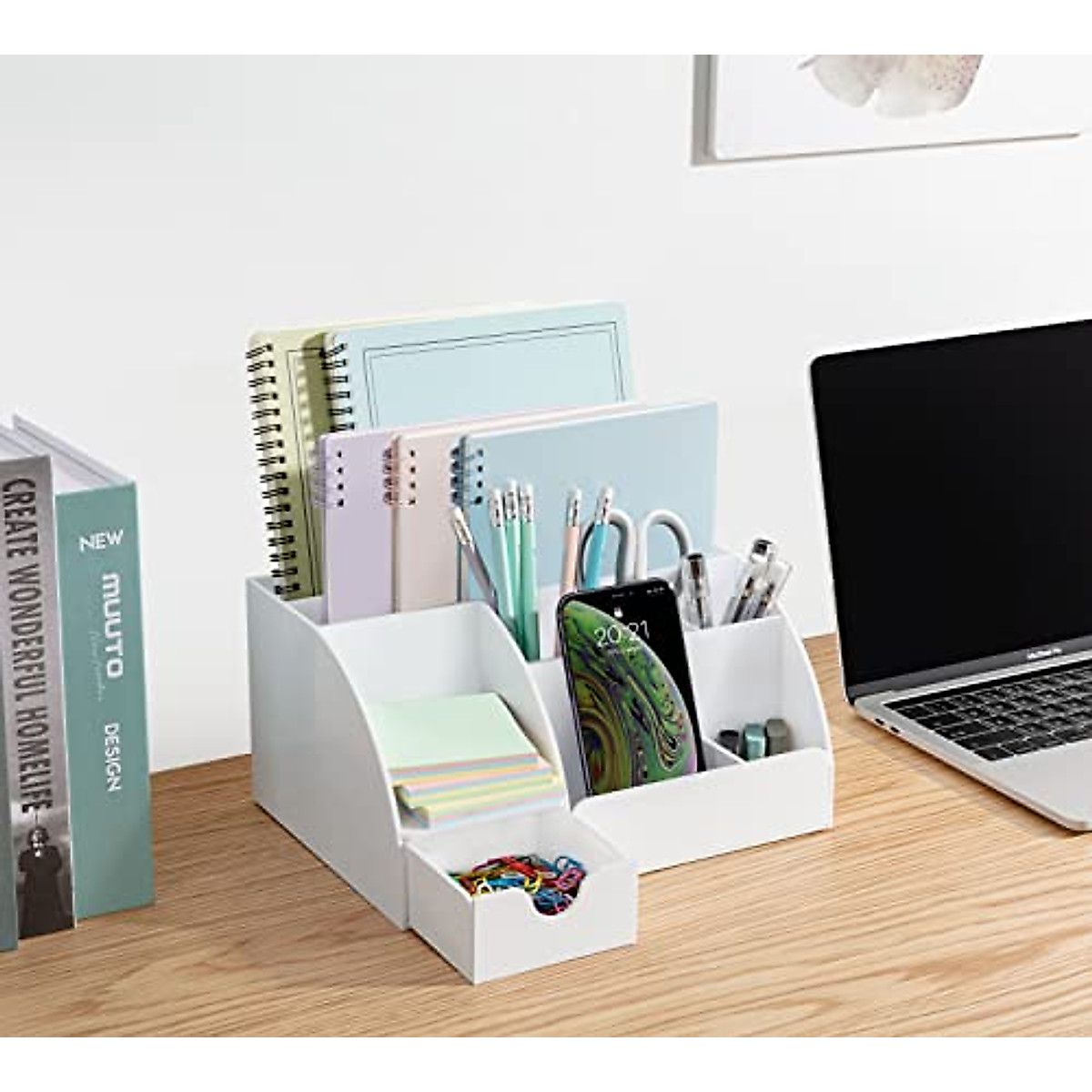 Office Desk Organizer, White Acrylic, with Drawer, 9 Compartments, All in One Office Supplies and Cool Desk Accessories Organizer, Pen Holder, Enhance Your Office Decor Desktop Organizer (White)