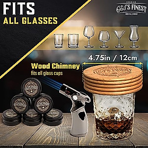 Whiskey Smoker Kit with Quad Flame Torch, Scorch Shield, Lid, 6 Wood Chips & Wooden Gift Box for Smoked Old Fashioned Bourbon Drink Infuser| Cocktail Smoker (Cherry Wood, No Butane)