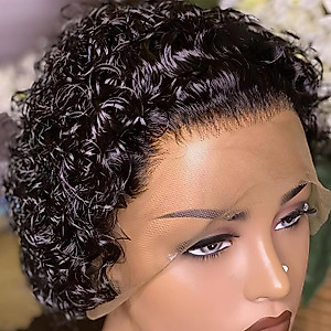 Short Curly Human Hair Wigs Pixie Cut Bob Glueless Wigs Front for Black Women with Baby Hair, 13x1 Lace 180% Density Pre Plucked HD
