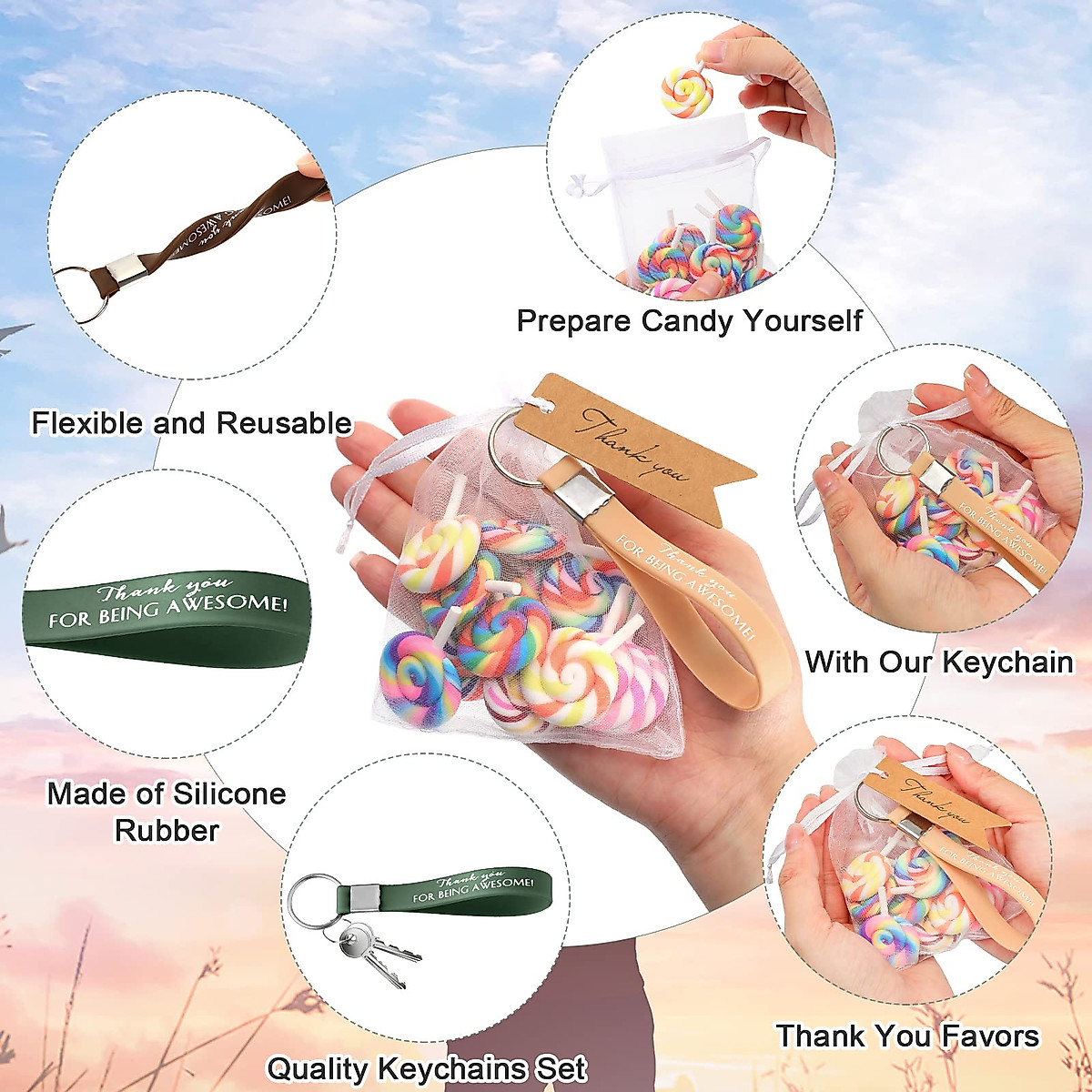 Yinkin 100 Sets Thank You Gifts Bulk Coworker Employee Appreciation Gifts Thank You for Being Awesome Silicone Keychains with Tag Organza Bag for Office Teacher Volunteer Lady Nurse