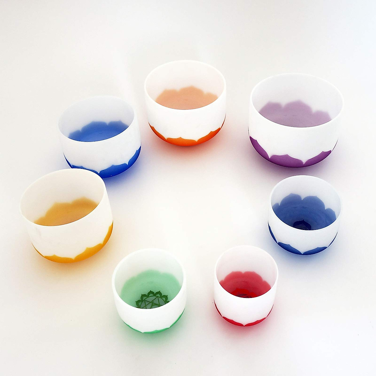 440HZ Set of 7 Lotus Design Frosted Quartz Crystal Singing Bowls 6"-12" with free mallets & O-rings
