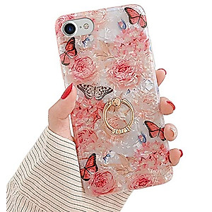 Qokey Compatible with iPhone SE Case 2022/2020,iPhone 8 Case,iPhone 7 Case 4.7 inch Flower Cute Fashion Cover for Women Girl 360 Degree Rotating Ring Kickstand Soft TPU Shockproof Cover Rose Butterfly