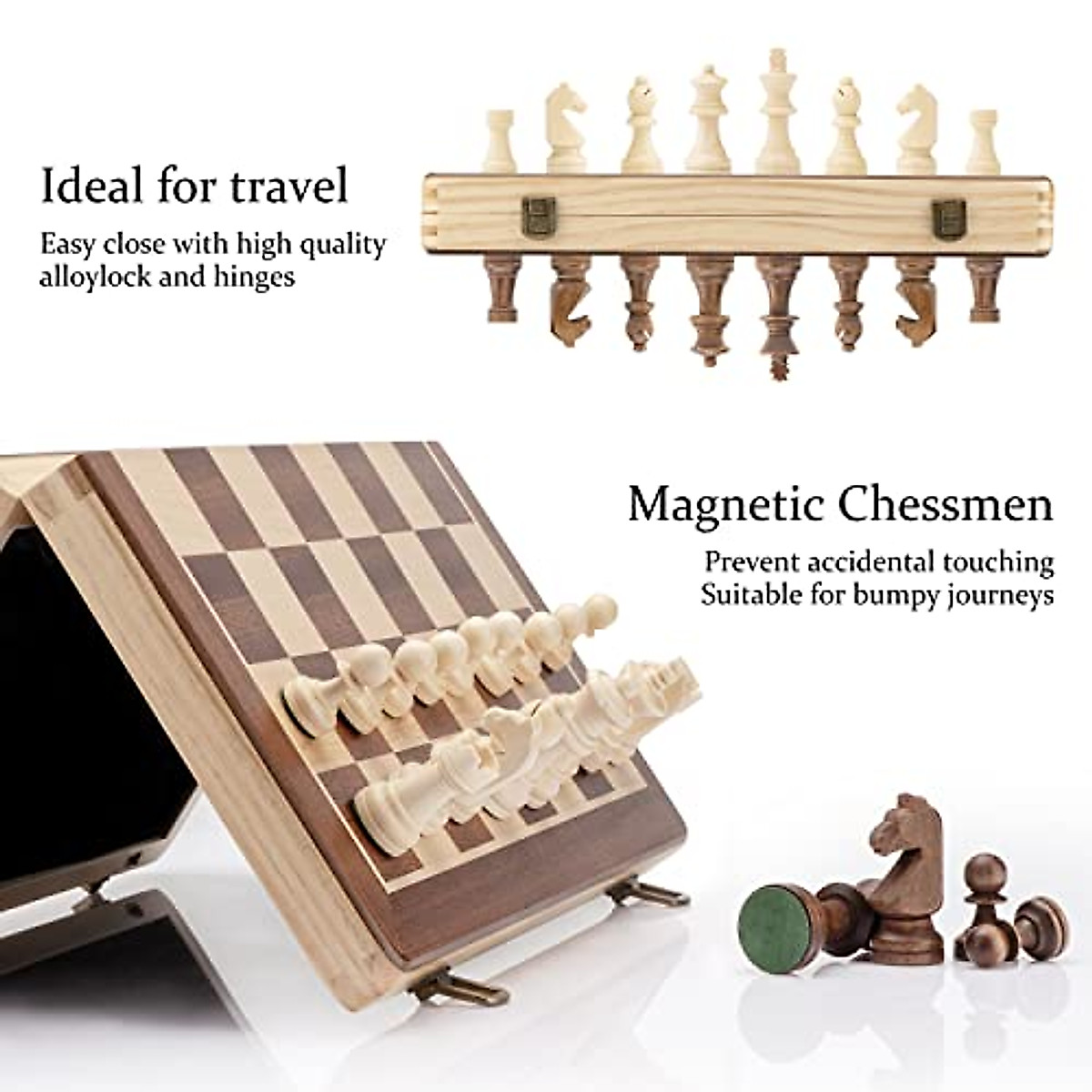 A&A 15 inch Foldable Wooden Magnetic Chess Set w/ 3 inch King Height Staunton Chess Pieces - Pine Box w/Mahogany & Maple Inlay