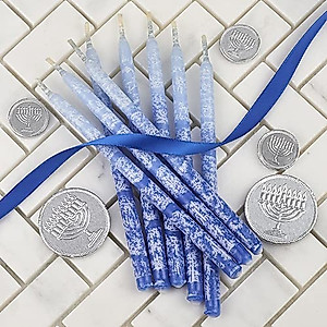 Premium Dripless Hanukkah Candles Multi Blues Frosted Thin Tapered Chanukah Candle Set of 45 Enough for Eight Nights of Hanukah Includes a DIY Dreidel, Prayer Card with Chanukah Song - Aviv Judaica