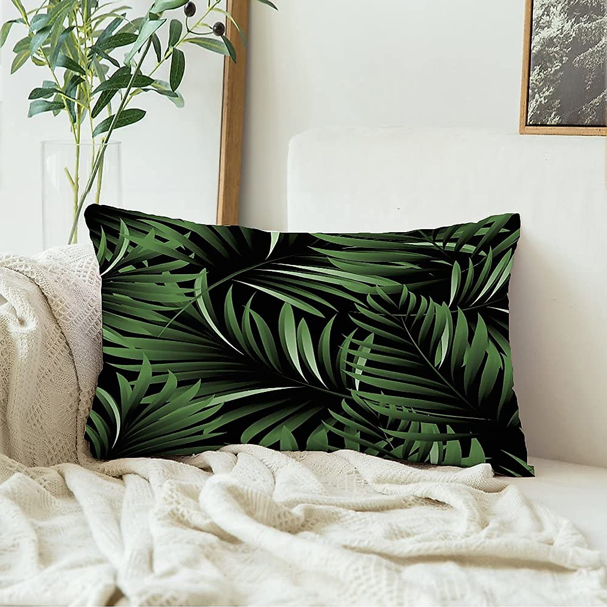 Decorative Rectangle Throw Lumbar Pillow Cover Velvet Frond Palm Artwork Tropical Plant Leaves Natural Climate Design Branch Subtropical Bush Garden Cushion Case for Sofa Bedroom Car 12x20 Inch