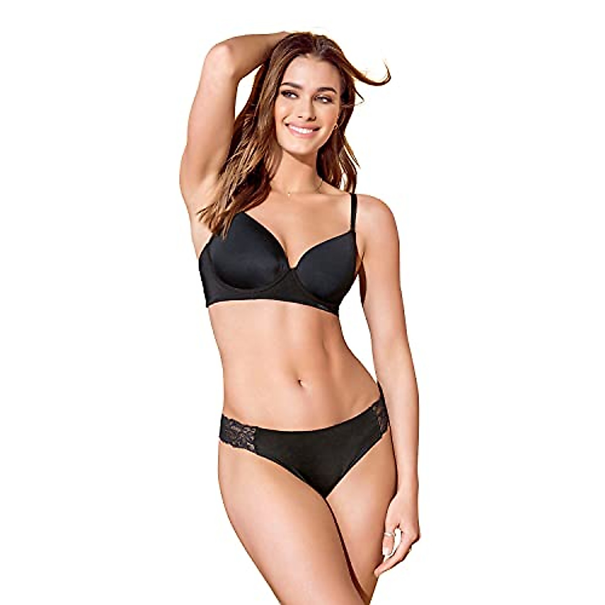 Leonisa Lace Side Seamless Thong Panty - Comfy No Show Underwear for Women Black